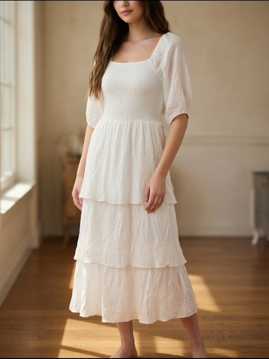 J Gee | Dresses | White Tiered Midi Dress With Square Neck | Poshmark